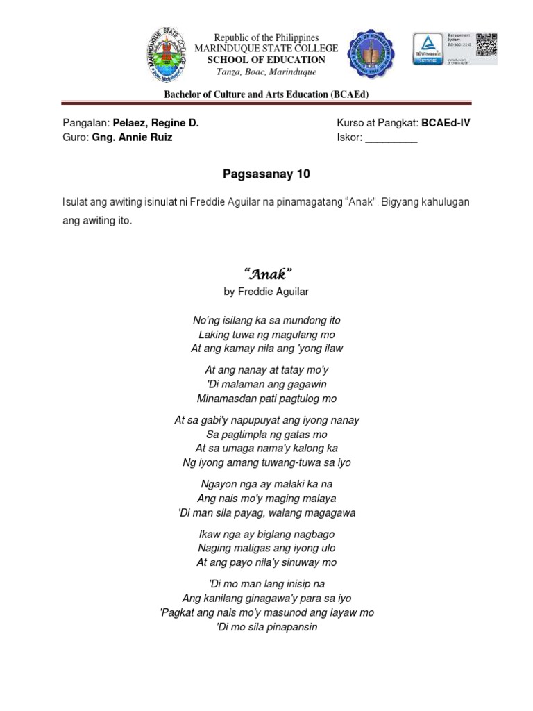 PAGSASANAY 10 Pelaez Regine D. FILIPINO 3 | PDF