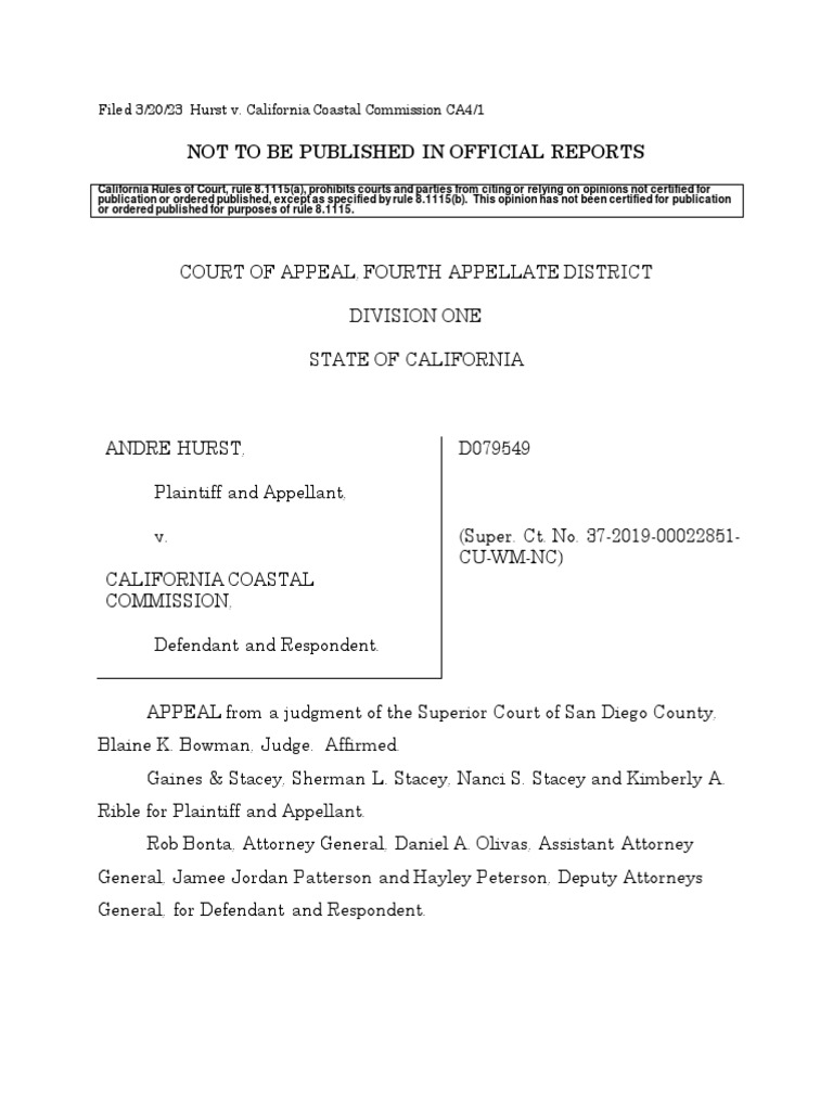 Hurst v. Cal. Coastal Comm'n, No. D079549 (Cal. Ct. App. Mar. 20, 2023) (Unpub.) | PDF | Supreme ...
