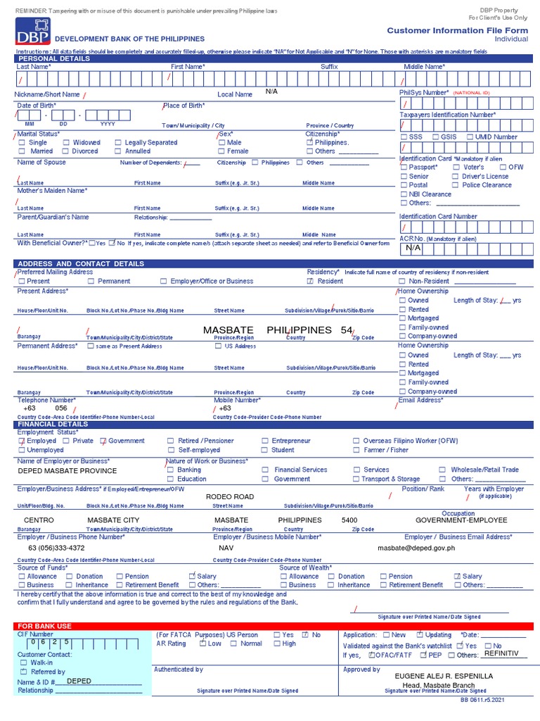 Customer Information File Form - Individual Rev5 8.5 X 13 New DEPED ...