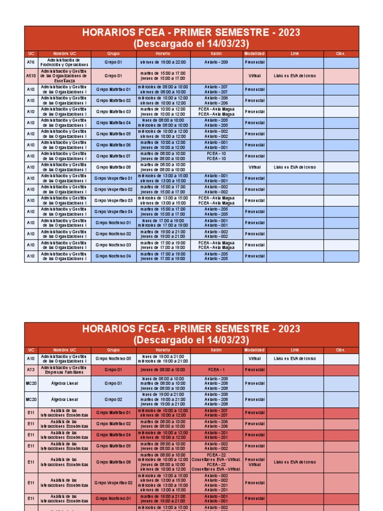 Horarios FCEA 2023: Primer Semestre | PDF | Informática | Business
