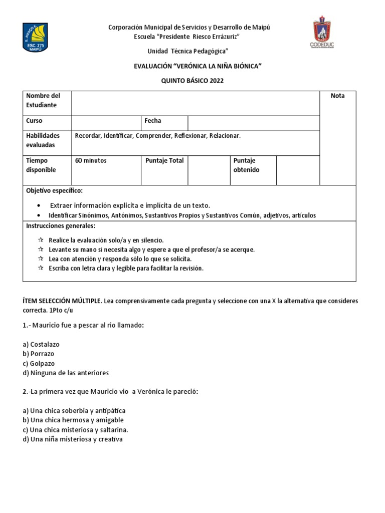 Evaluación.verónica La Niña Biónica 1 | PDF