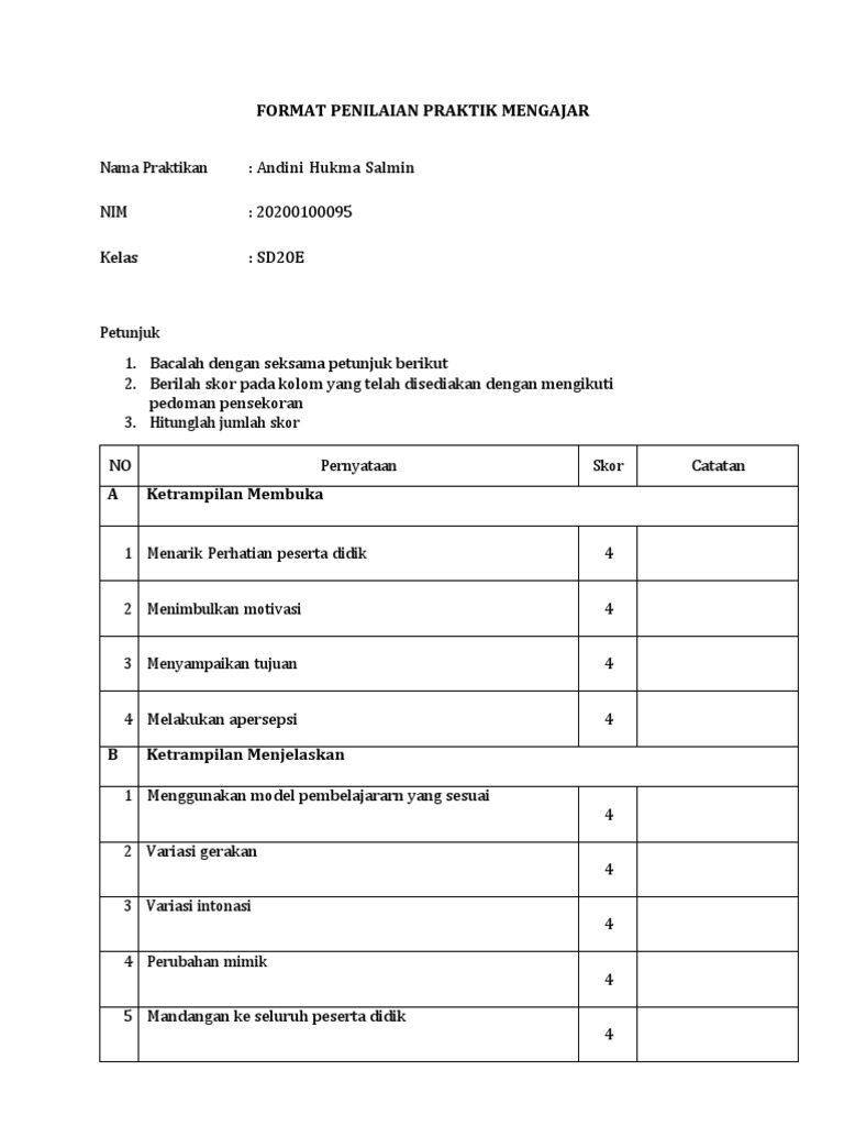 Format Penilaian Praktik Mengajar | PDF