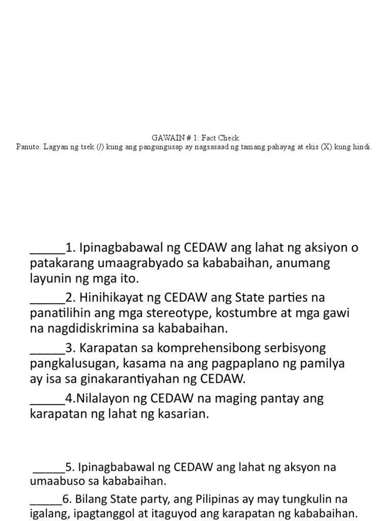 GAWAIN # 1: Fact Check Panuto. Lagyan NG Tsek (/) Kung Ang Pangungusap ...