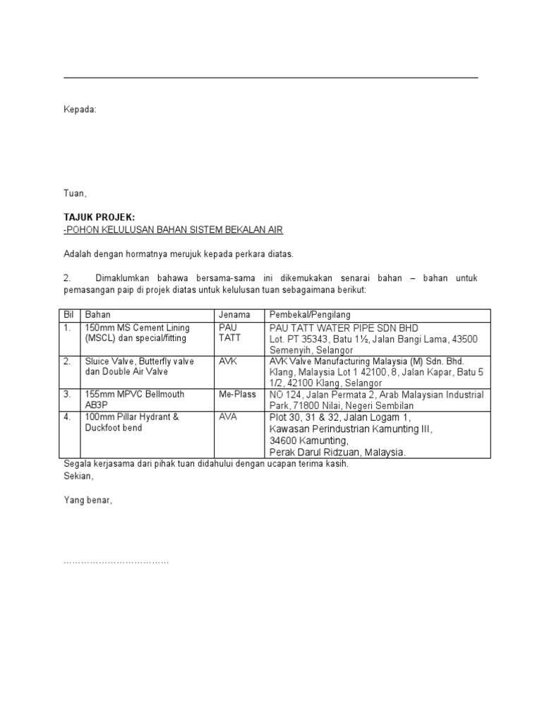 Surat Permohonan Kelulusan Bahan | PDF