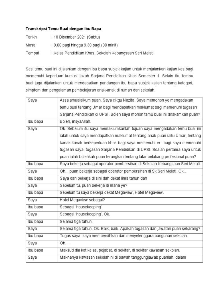 Transkripsi Temu Bual Dengan Ibu Bapa | PDF