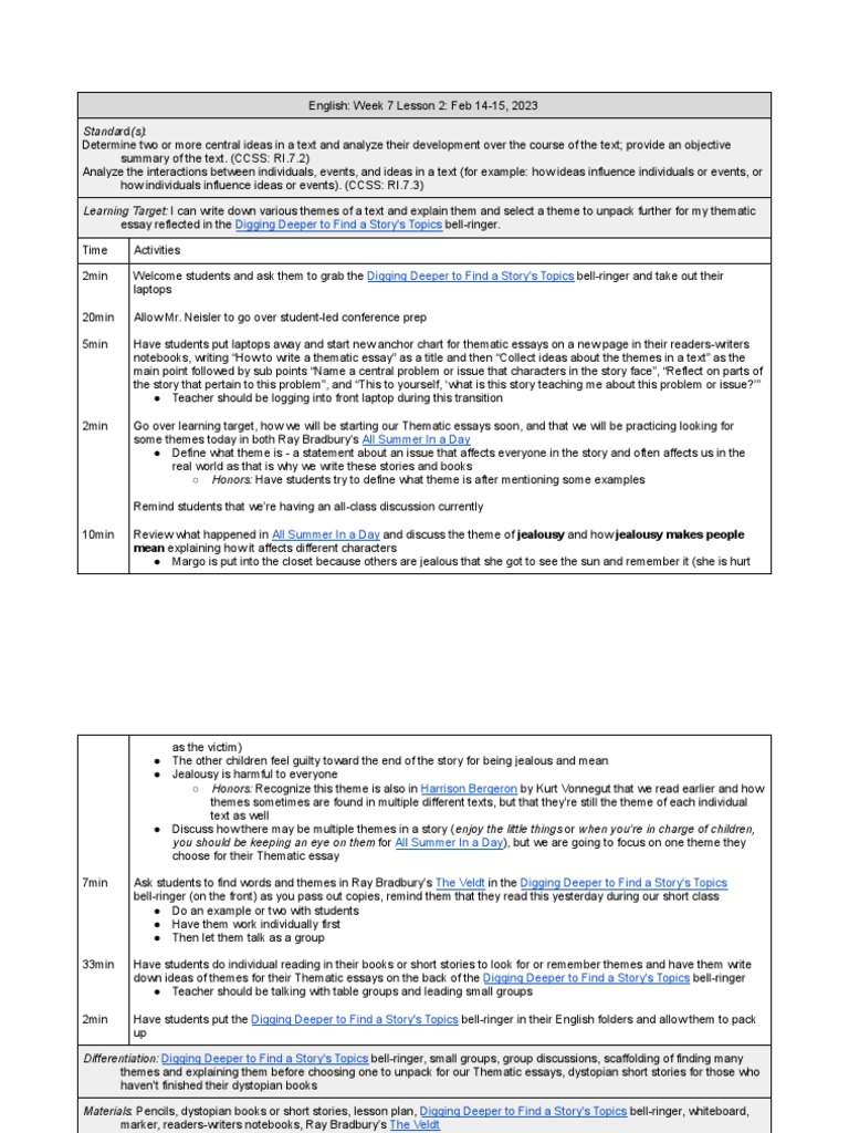 Analyzing Themes in Literature: Lesson 7.2 | PDF | Jealousy | Lesson Plan