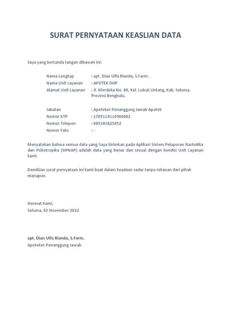 Surat Pernyataan Keaslian Data: Apt. Dian Ulfa Rianda, S.Farm | PDF | Pengembangan Diri