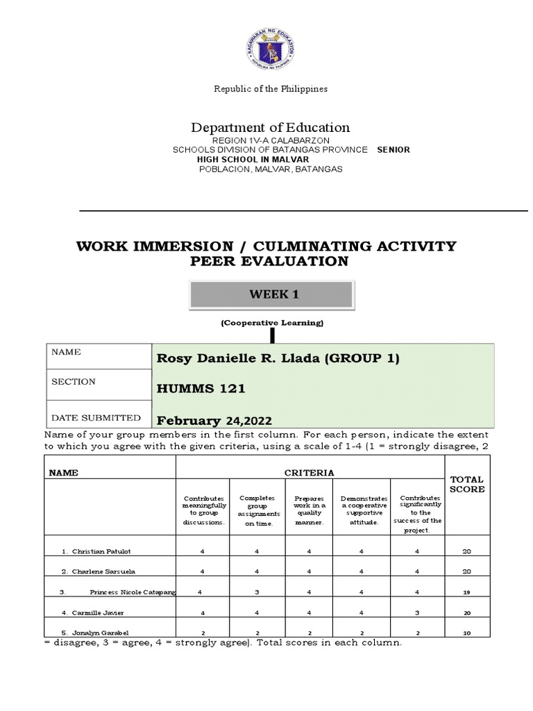Department of Education: Work Immersion / Culminating Activity | PDF