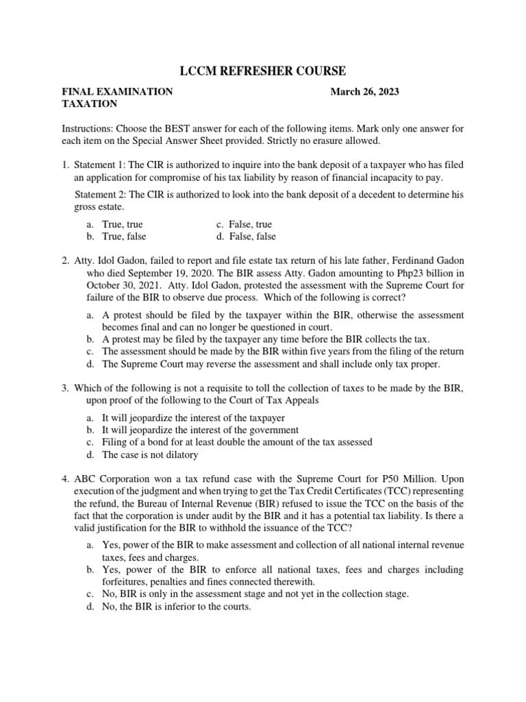 LCCM Refresher Course Final Exam Tax Questions | PDF | Taxes | Value Added Tax