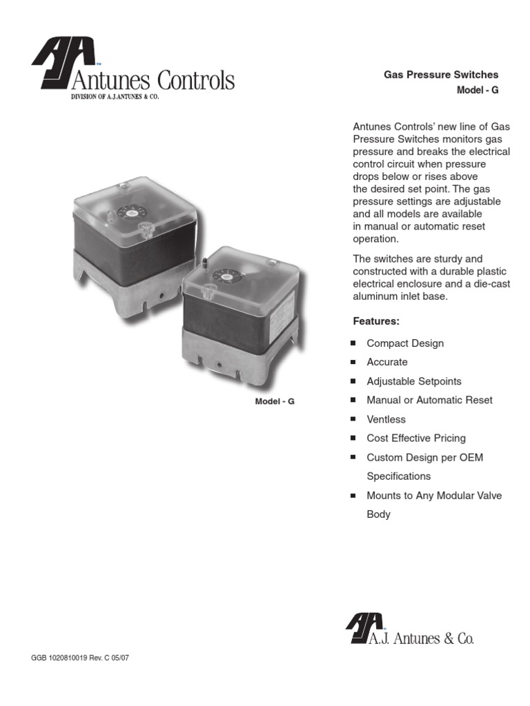Antunes Controls Gas Pressure Switch 8101111202 | PDF | Switch | Pressure