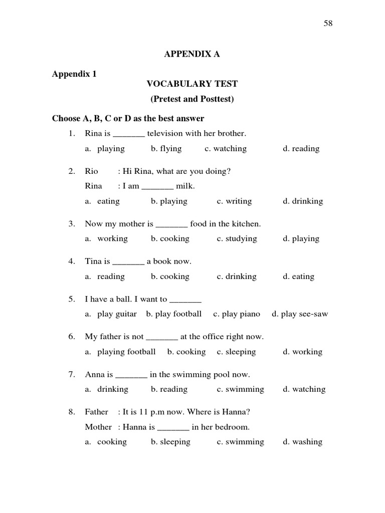 Appendix A Appendix 1 Vocabulary Test (Pretest and Posttest) Choose A ...
