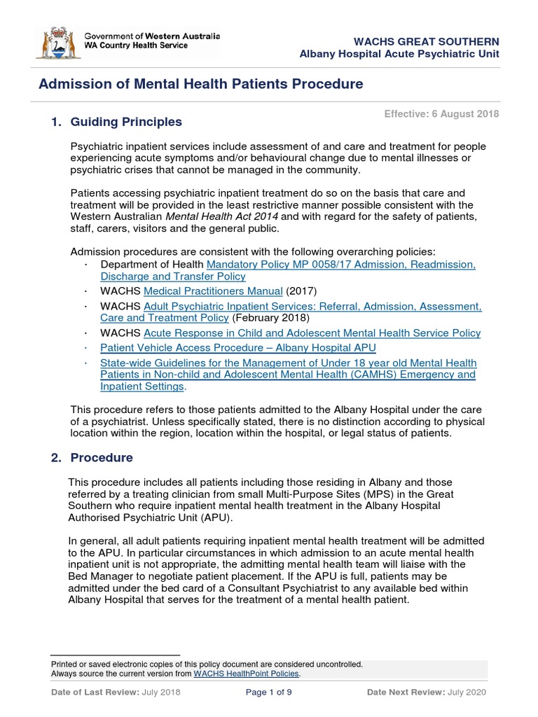 Admission of Mental Health Patients Procedure - Albany Hospital Acute ...
