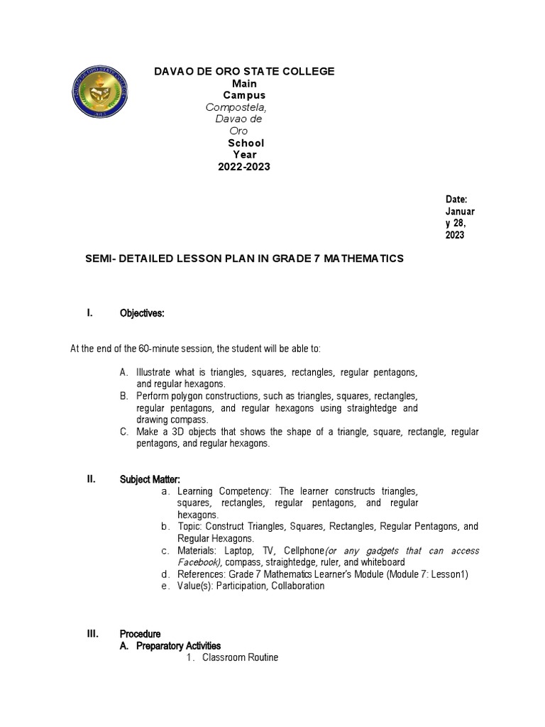 Logronio - Math 29 - M1L1 (Semi-Detailed Lesson Plan) | PDF | Triangle ...