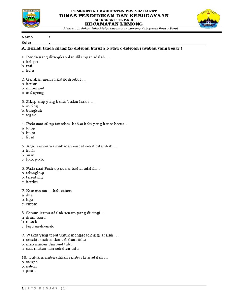 25+ Contoh Soal UTS Penjaskes Kelas 1 SD MI Dan Kunci Jawaban | PDF 25+ Contoh Soal UTS Penjaskes Kelas 1 SD MI Dan Kunci Jawaban | PDF