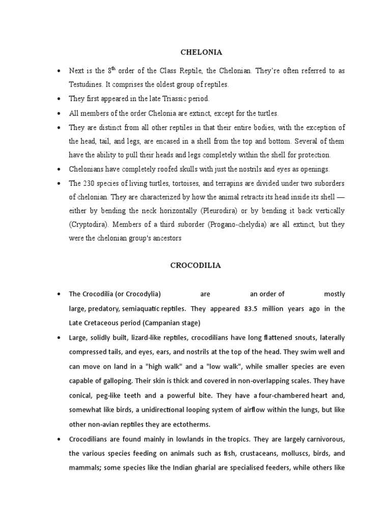 An Examination of Three Orders of Reptiles: Chelonia, Crocodylia, and ...