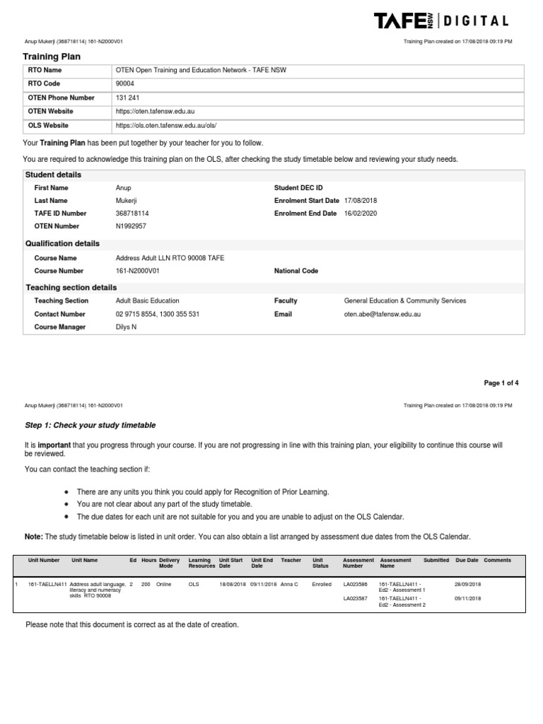 Adult LLN Training Plan | PDF | Teachers | Libraries