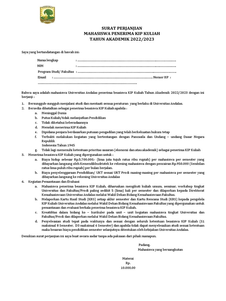 Surat Perjanjian Mahasiswa Penerima Kip Kuliah TAHUN AKADEMIK 2022/2023 ...