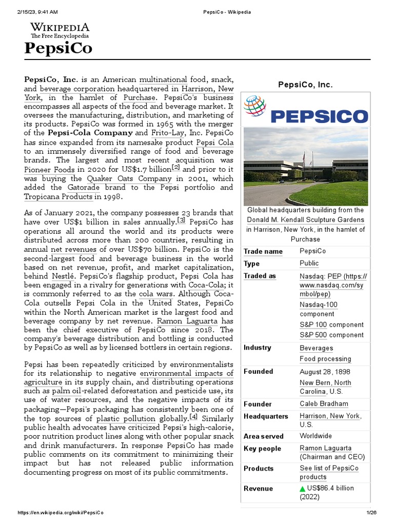 PepsiCo HISTORY AND PRODUCT DESCRIPTION | PDF | Pepsi Co