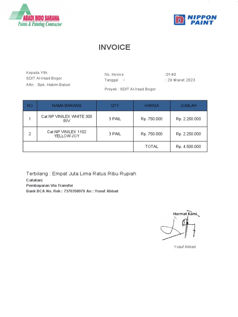 Invoice: Terbilang: Empat Juta Lima Ratus Ribu Rupiah | PDF