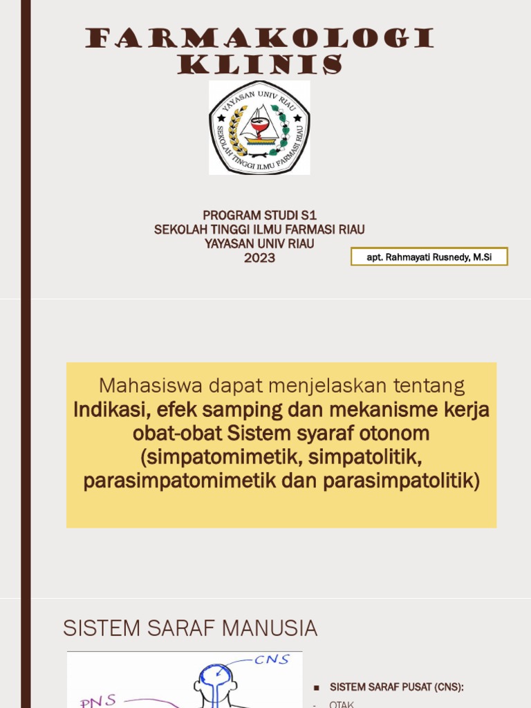 Pert 7. FARMAKOLOGI KLINIS Obat-Obat Sistem Syaraf Otonom ...