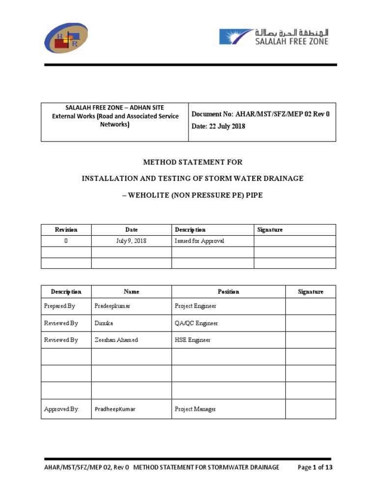 Stormwater Drainage Installation Method Statement | PDF | Pipe (Fluid ...