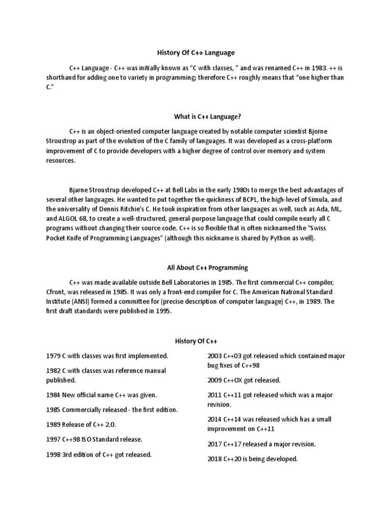 C++ Language History PRESentationss | PDF | C++ | Compiler