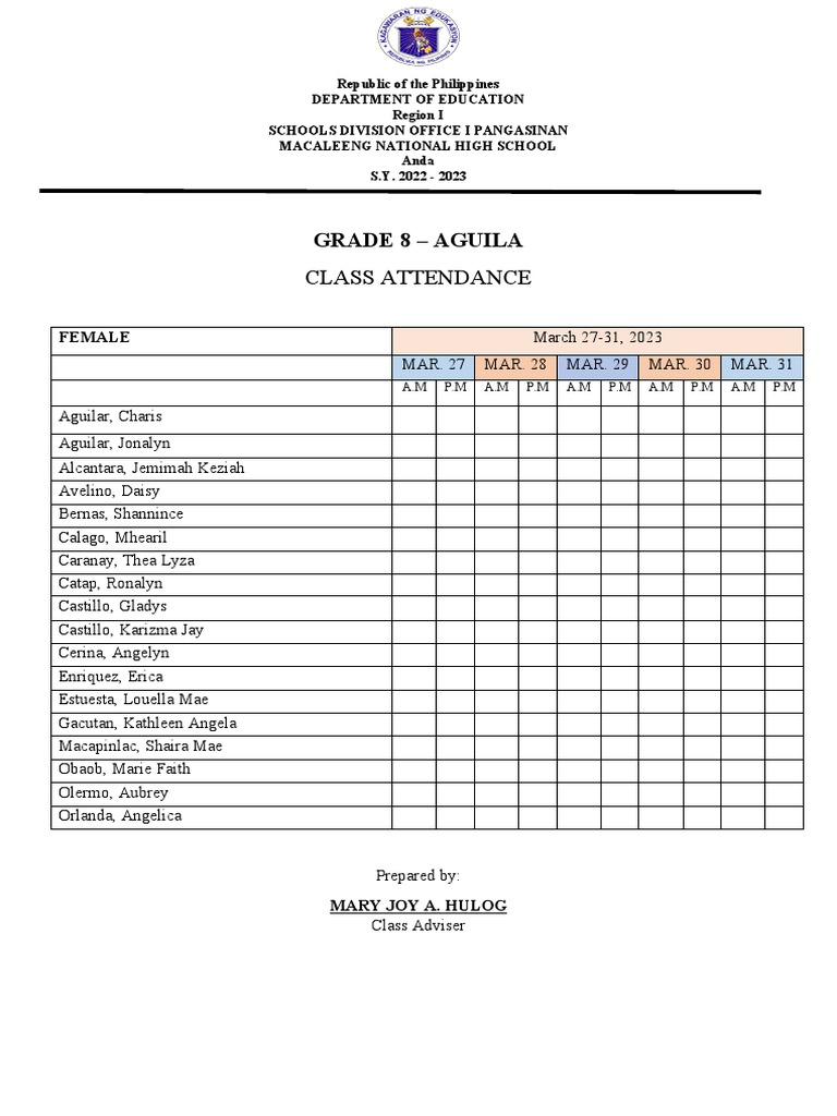 Attendance Grade 8aguila - Sy2022 2023 | PDF