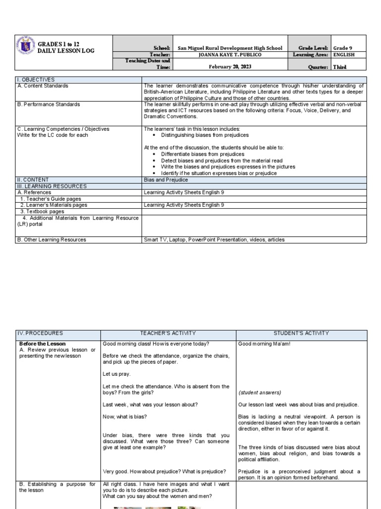 Grade 9 Bias and Prejudice Lesson Plan | PDF | Bias | Learning