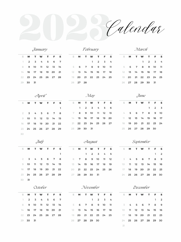 Black and White Simple Elegant 2023 Calendar | PDF
