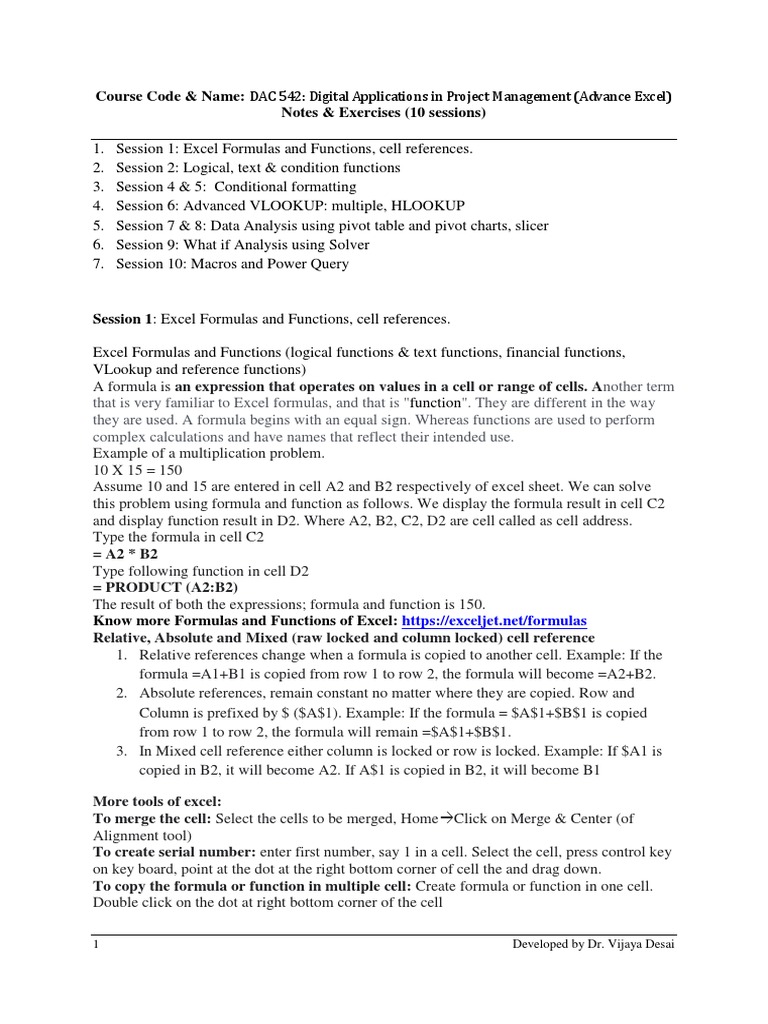 DAC542DigitalApplicationsinProject Management (Advance Excel) | PDF ...