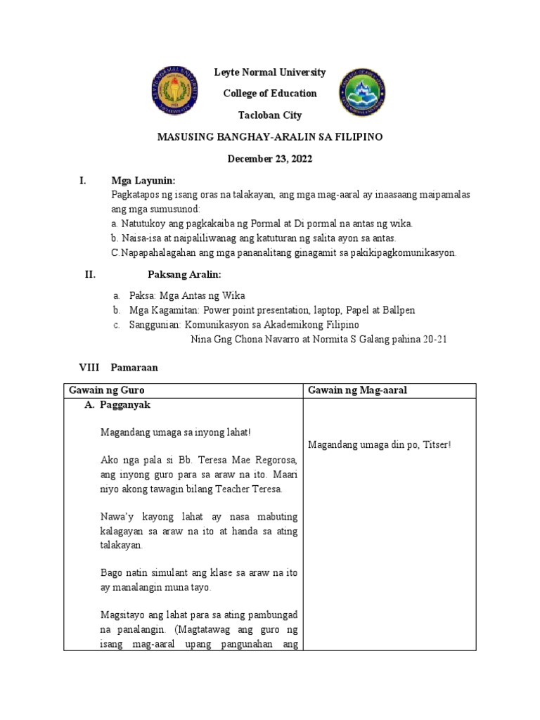 Masusing Banghay Aralin Sa Filipino | PDF