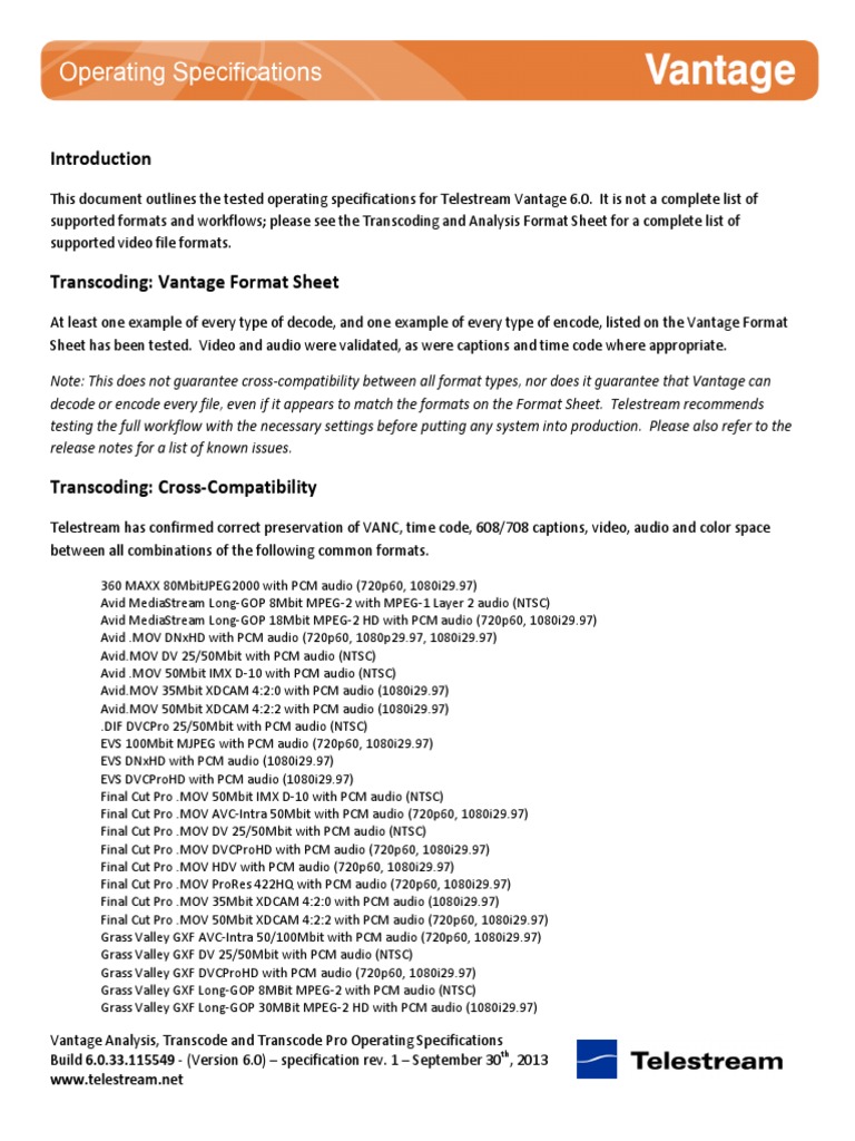 Vantage 6.0 Operating Specifications | PDF | Filmmaking | Video