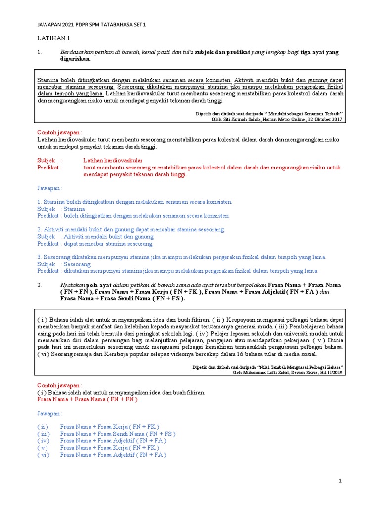 Jawapan Set 1 Tatabahasa | PDF