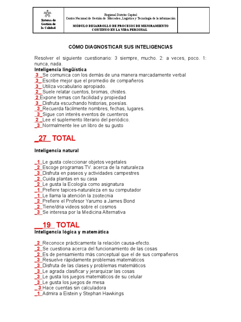3 Diagnostico de Mis Inteligencias Multiples | PDF | Aprendizaje | Inteligencia