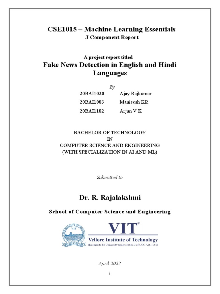 CSE1015 - Machine Learning Essentials: J Component Report | Download ...