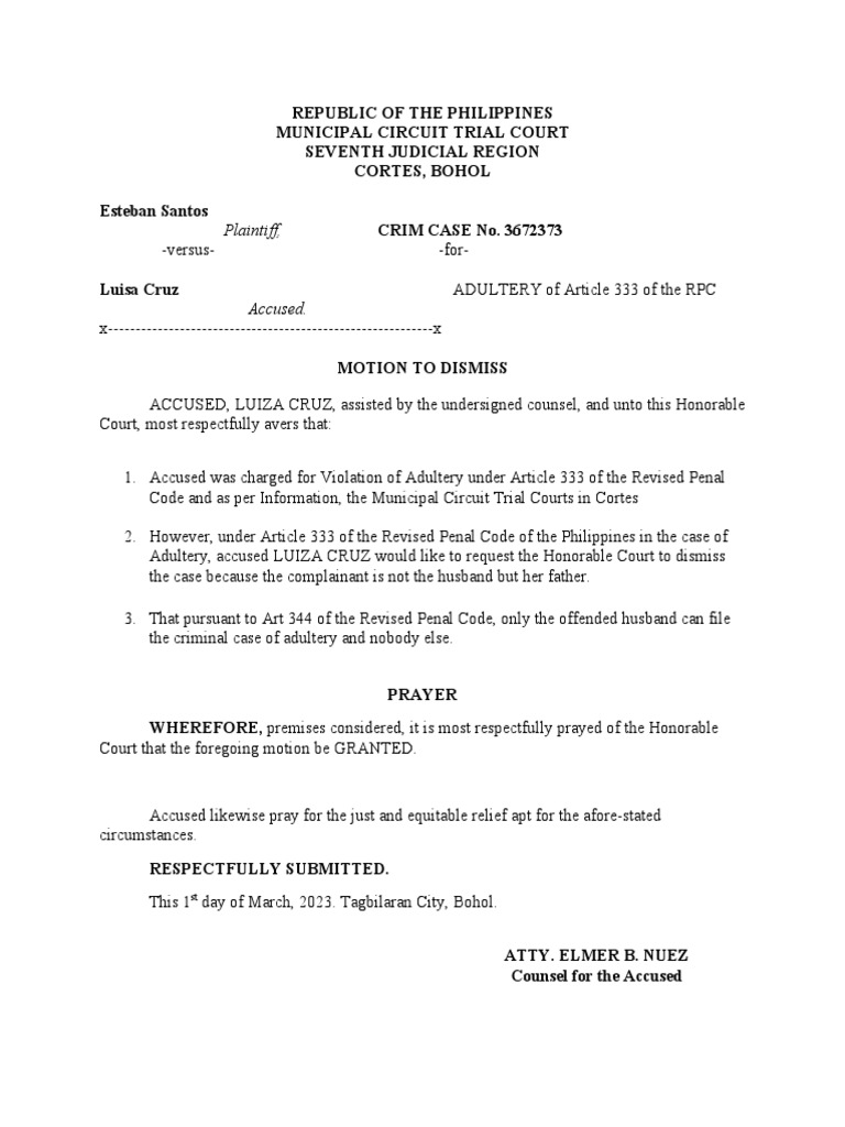 Motion To Dismiss - Luisa Cruz Adultery Case | PDF
