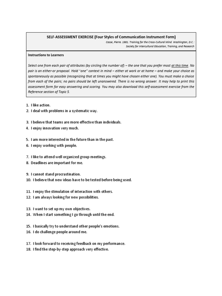 Communication Styles Self Assessment Pdf Cross Cultural