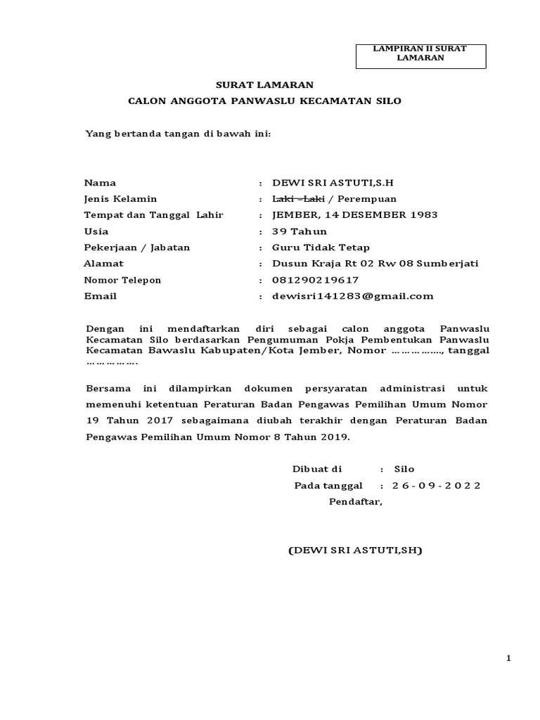 Surat Lamaran Panwaslu Kecamatan 2022 | PDF Surat Lamaran Panwaslu Kecamatan 2022 | PDF