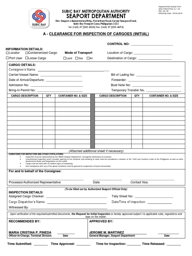 Clearance For Inspection Form (Initial) Rev 2 | PDF | Cargo ...