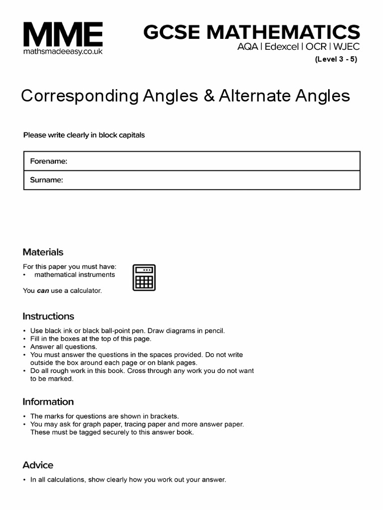 Corresponding Angles and Alternate Angles Questions MME | Download Free ...