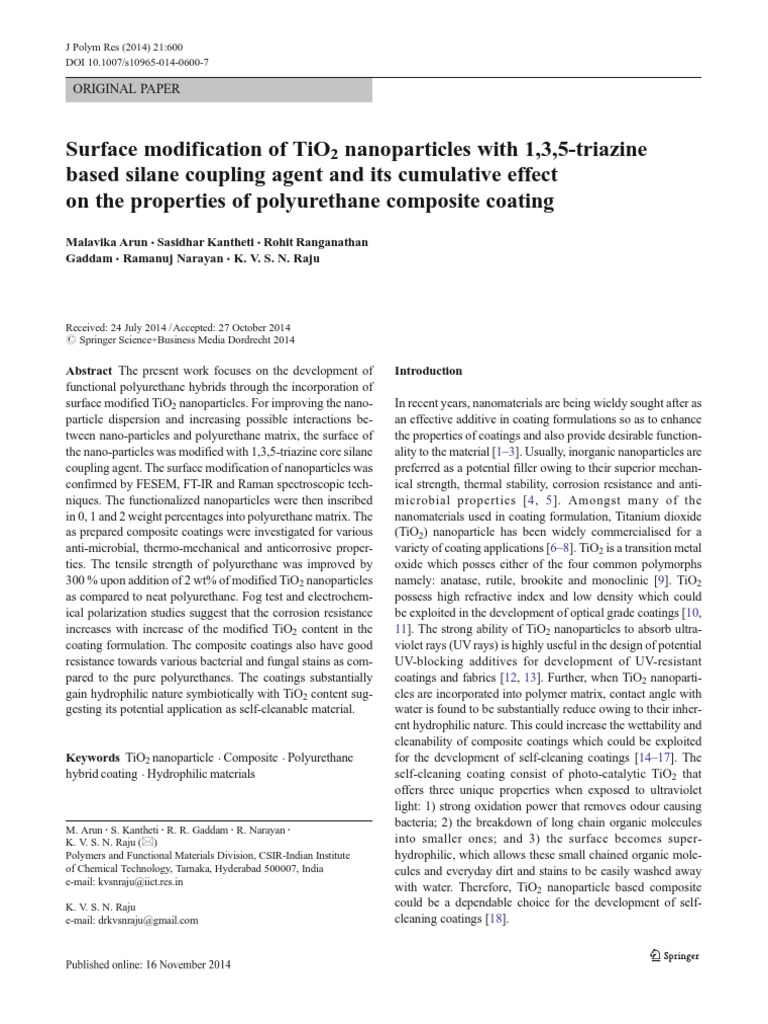 Surface Modification Of Tio2 Nanoparticles With 1 3 5 Triazine Pdf