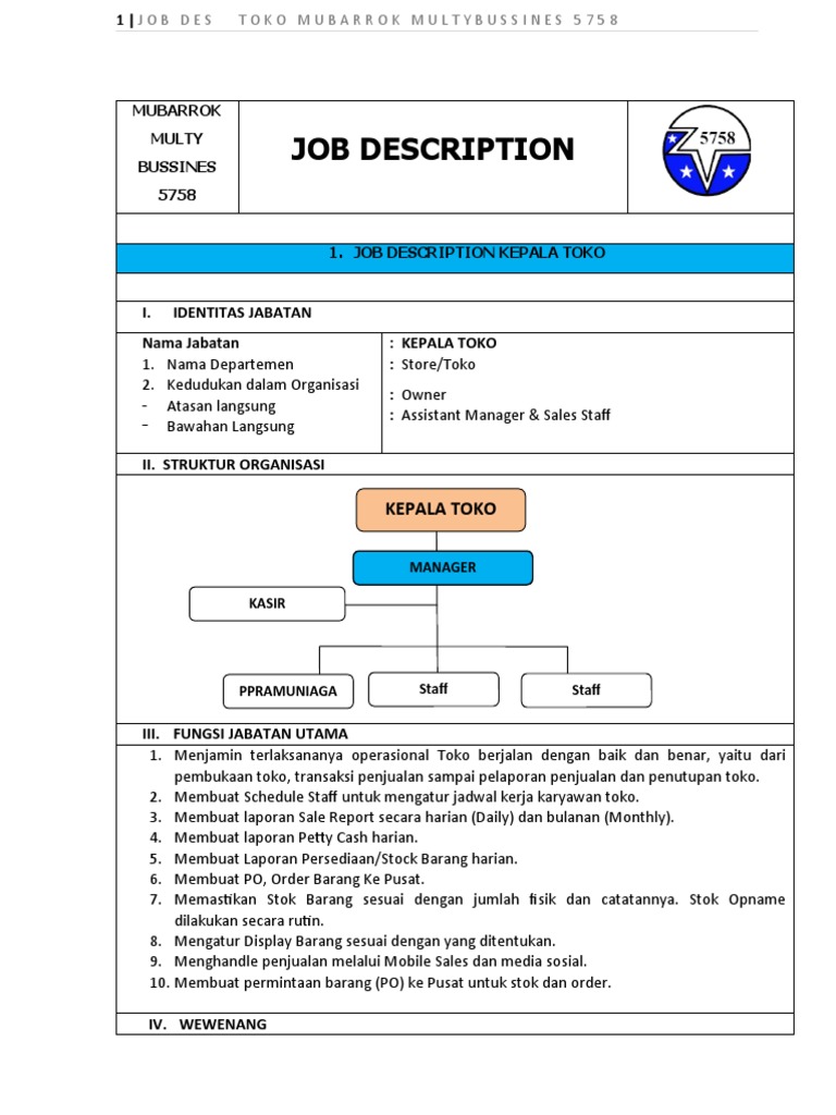 Job Description: I. Identitas Jabatan Nama Jabatan: Kepala Toko | PDF