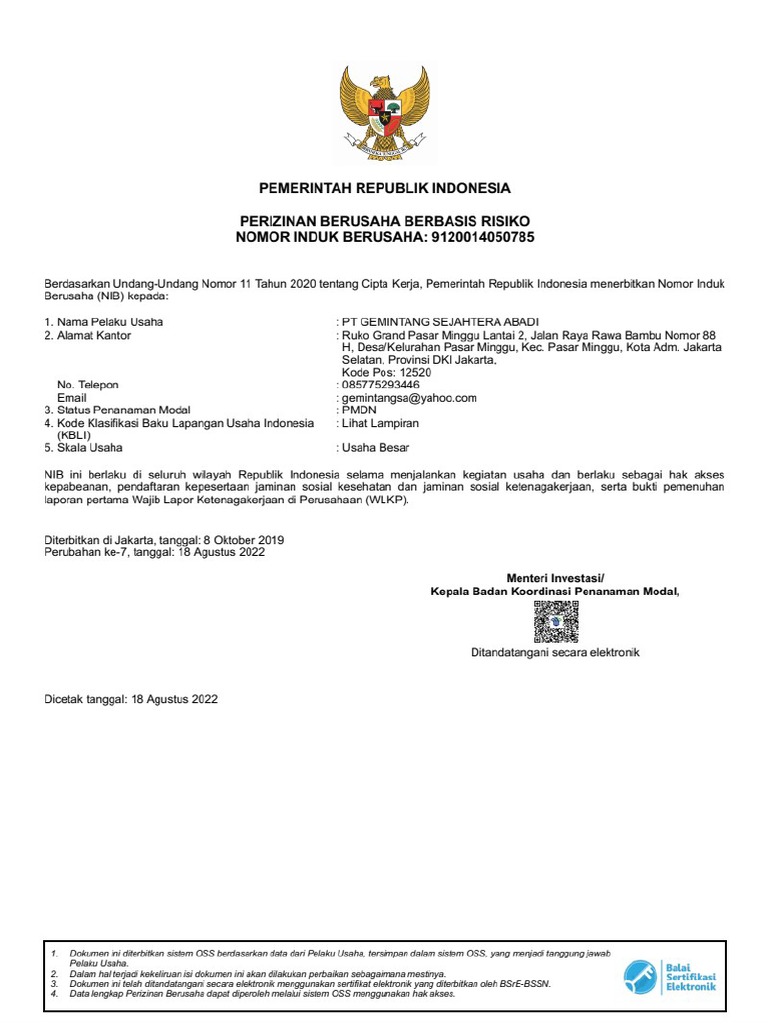 NIB Beresiko & Izin Lokasi PT - Gemintang | PDF