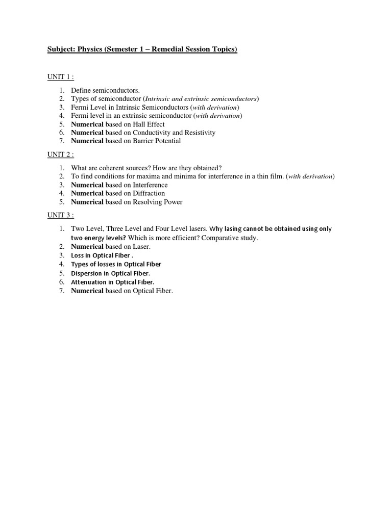 Remedial Physics Semester 1 Topics | PDF
