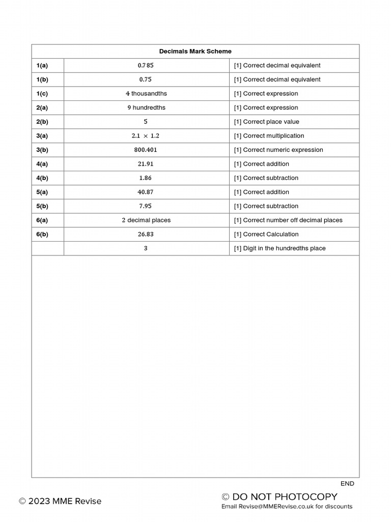 Decimals Answers MME | PDF