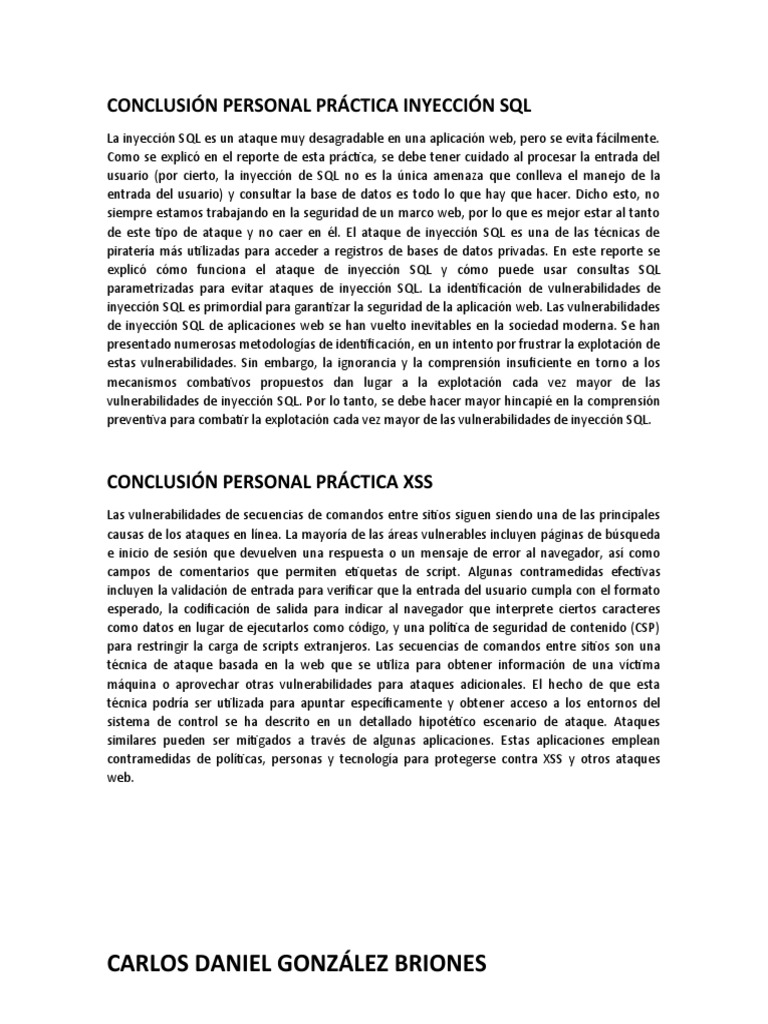 Conclusiones sobre la práctica de inyección SQL y prevención de vulnerabilidades | PDF ...