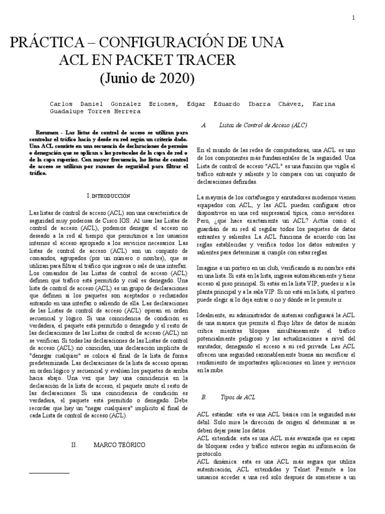 Configuracion Acl Packet Tracer | PDF | Enrutador (Computación) | Cortafuegos (informática)