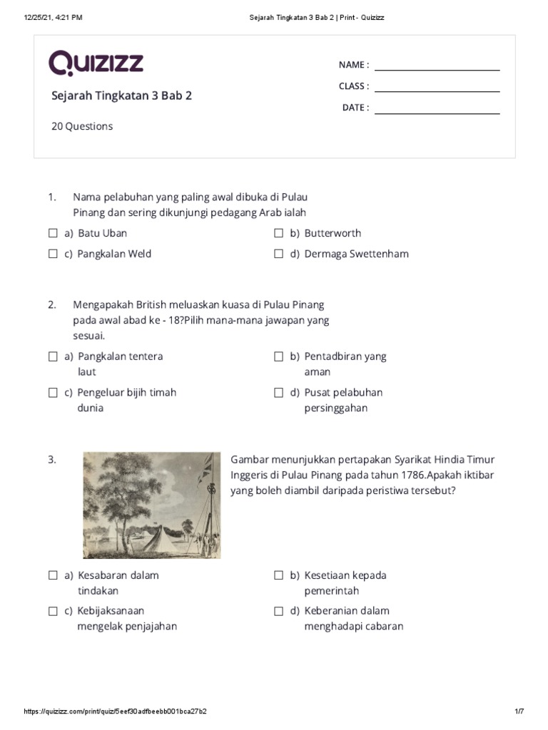 Sejarah Tingkatan 3 Bab 2 Print Quizizz Pdf