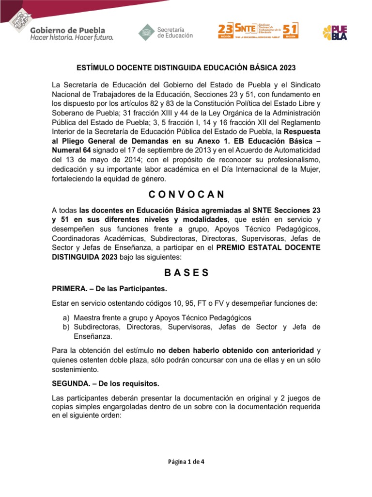 Convocatoria Estímulo Docente Distinguida Educación Básica 2023 | PDF | Maestros | Titulo academico