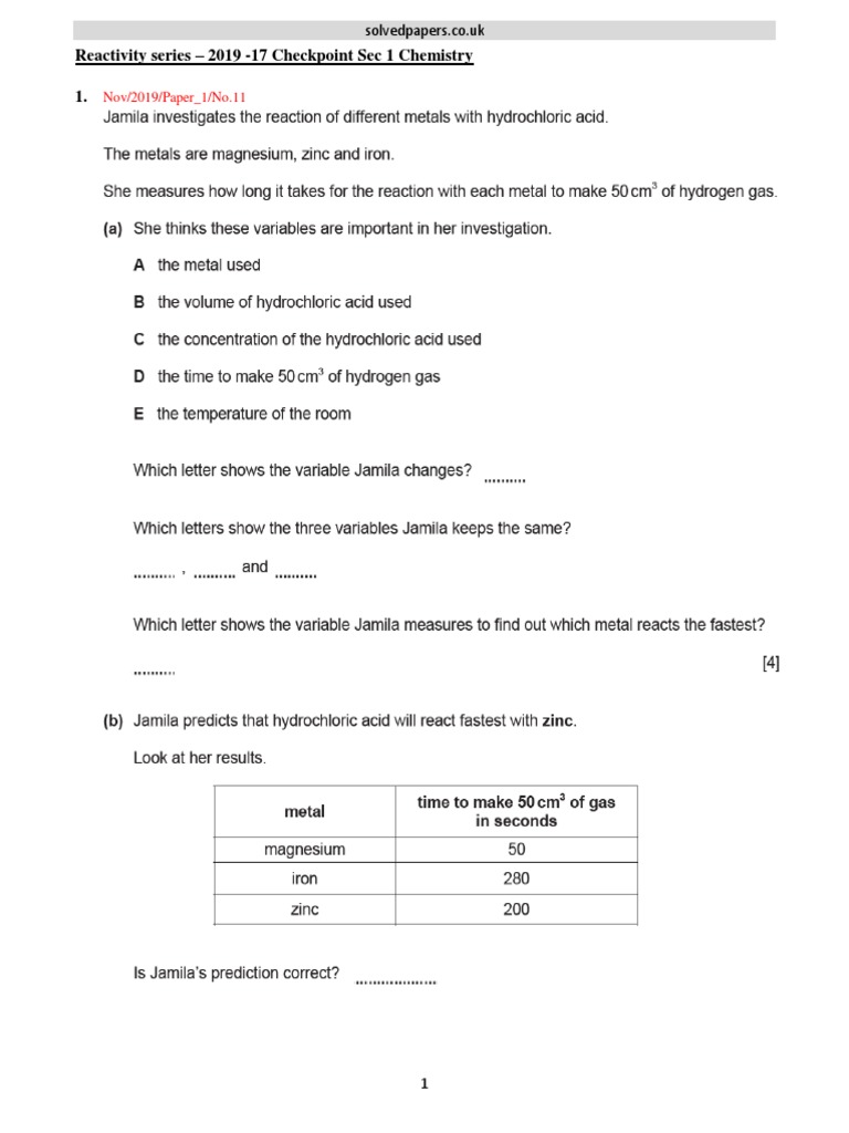 2022 17 Reactivity Series Checkpoint - Sec - 1 Chemistry | PDF